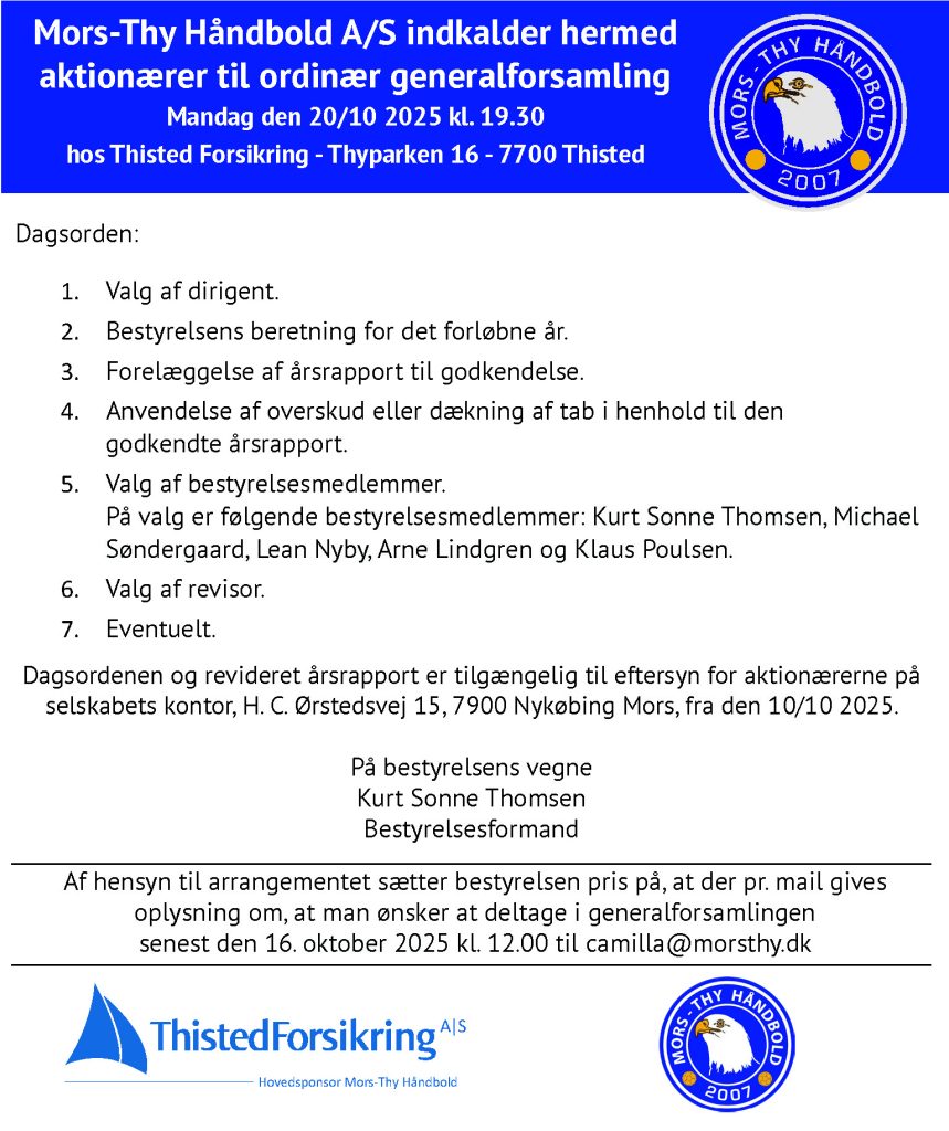 Mors-Thy Håndbold indkalder til ordinær generalforsamling - Mors
